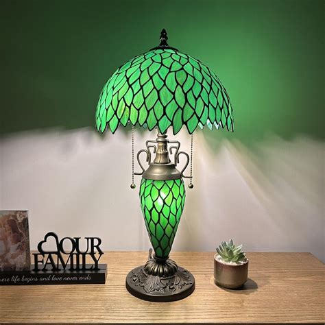 Tiffany Table Lamp Green Leaves Stained Glass Shade And Base Led Bulbs