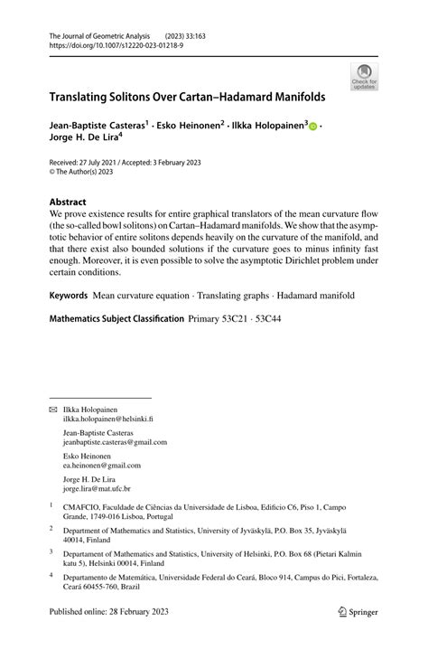 Pdf Translating Solitons Over Cartanhadamard Manifolds