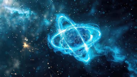 Abstract Depiction Of A Glowing Blue Atom In Outer Space Representing Science And Cosmic Energy