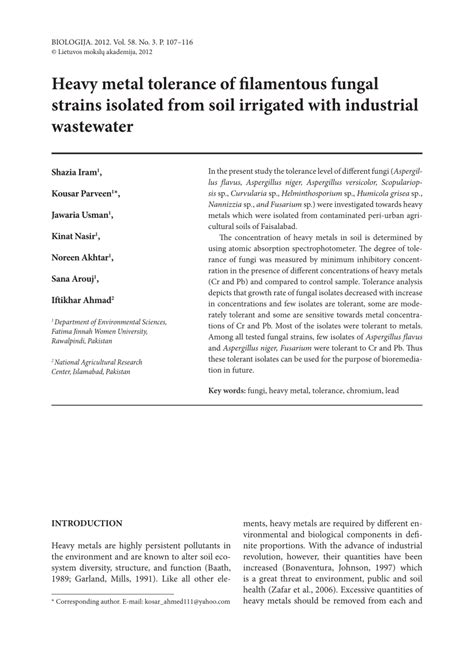 Pdf Heavy Metal Tolerance Of Filamentous Fungal Strains Isolated From