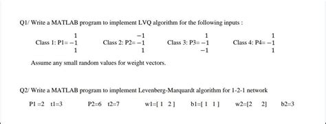 q1 write a matlab program to implement lvq algorithm