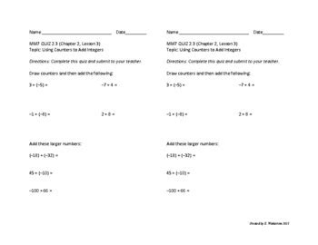 Adding Integers Quiz By Partners In Teaching TPT