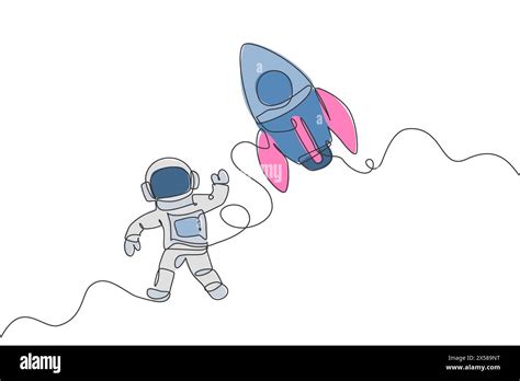 Single Continuous Line Drawing Of Astronaut In Spacesuit Flying At Outer Space With Rocket