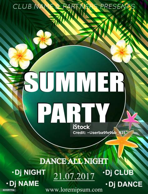 팜 리프와 열 대 꽃으로 여름 파티 포스터 배경 템플릿입니다 축제 벡터 이랑입니다 Dj 포스터 디자인입니다 Dj가 배경 벡터