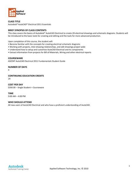 Class Title Brief Synopsis Of Class Contents Applied Software