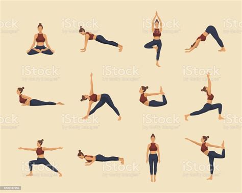 요가 아사나 세트입니다 밝은 배경에 고립 된 다양한 요가 또는 필라테스 위치를 보여주는 젊은 여성 개념 건강 라이프 스타일 스포츠 여성 캐릭터 강아지 자세에 대한 스톡 벡터