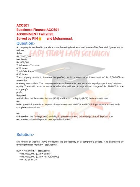 Acc501 Assignment Solution By Pin And Muhammad Pdf Return On Equity