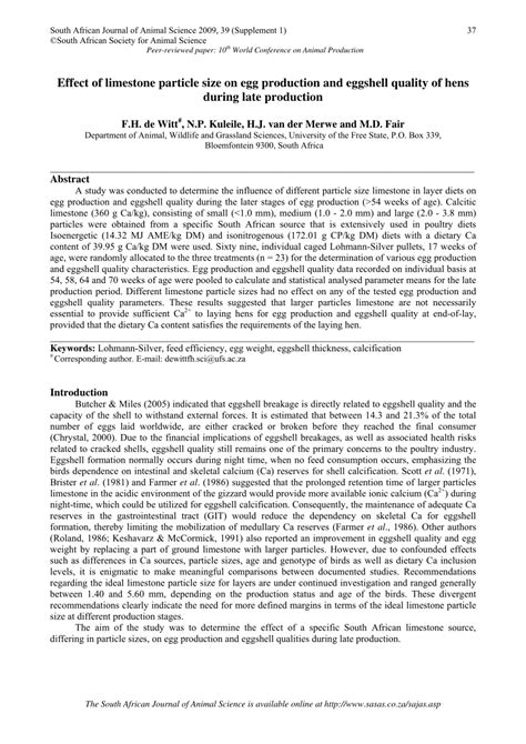 Pdf Effect Of Limestone Particle Size On Egg Production And Eggshell Quality Of Hens During