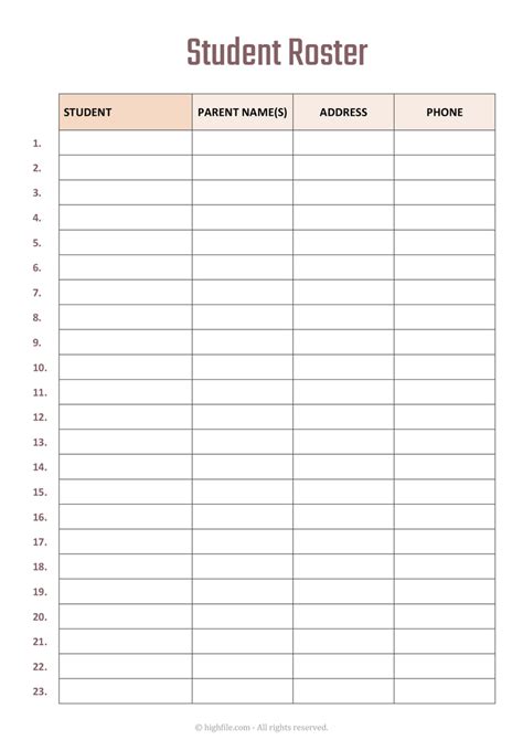 Blank Class Roster Template Word Pdf Highfile