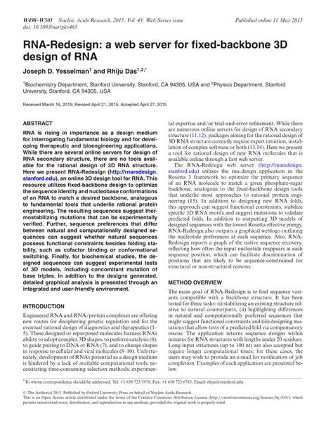 Pdf Rna Redesign A Web Server For Fixed Backbone 3d Design Of Rna