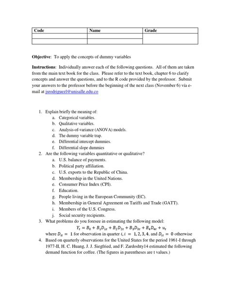 Code Name Grade Jsrodriguezl Unisalle Pdf Dummy Variable Statistics Demand