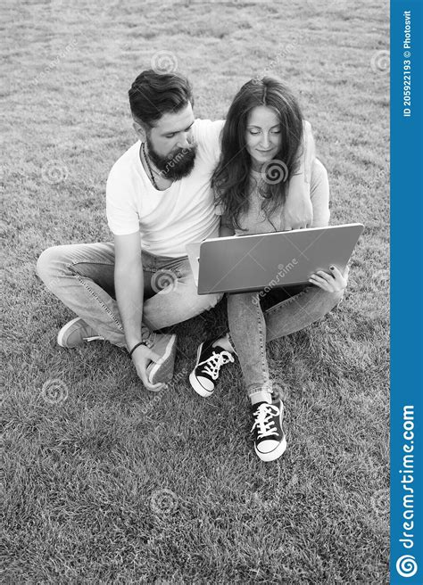 Laptop With Internet Connection Bearded Man And Girl Use Laptop Outdoors Laptop Computer