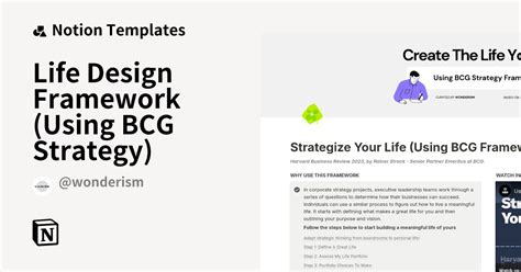 Life Design Framework Using Bcg Strategy Template By Wonderism Notion Marketplace