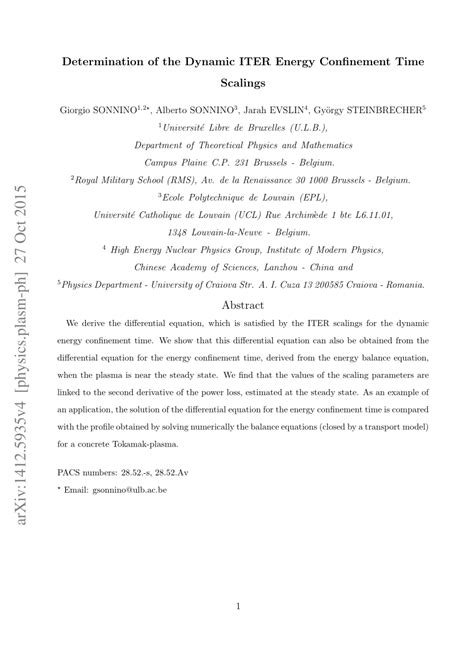 PDF Derivation Of The ITER Energy Confinement Time Scalings