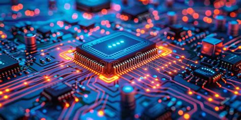 A Futuristic Circuit Board Showcasing A Glowing Microchip With Electric Pathways Stock Image