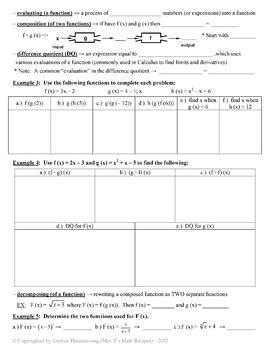 Pre Calculus H Section Notes Basic Function Concepts TPT