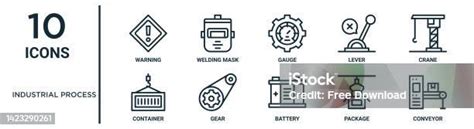 산업 공정 개요 아이콘 세트에는 얇은 선 경고 게이지 크레인 기어 패키지 컨베이어 보고서 프리젠 테이션 다이어그램 웹 디자인을위한 컨테이너 아이콘이 포함됩니다 지레에 대한
