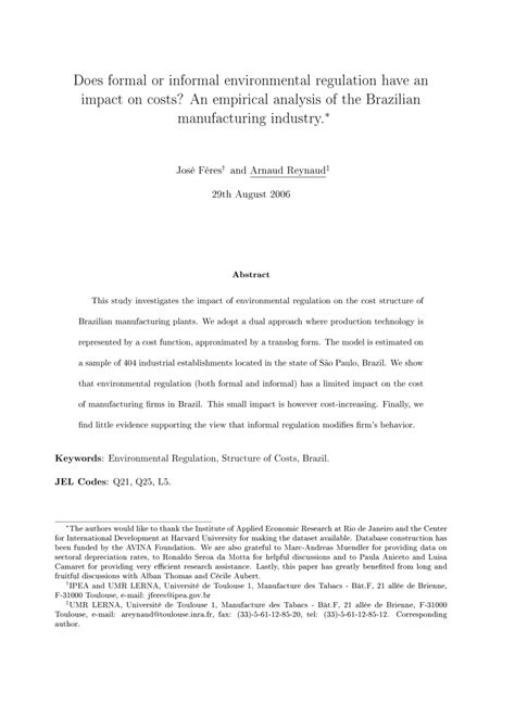 Pdf Does Formal Or Informal Environmental Regulation Have An Impact On Costs An Empirical