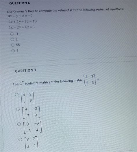 solved use cramer s rule to compute the value of y for the