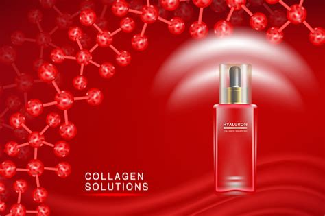 뷰티 제품 광고 디자인 콜라겐 용액 광고 배경이있는 빨간 화장품 용기 고급 스킨 케어 배너 일러스트 벡터 개념에 대한 스톡 벡터
