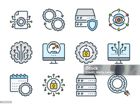 Data Science Netzwerk Und Computertechnologie Verwandte Farbvektorlinie Symbole Maschinelles