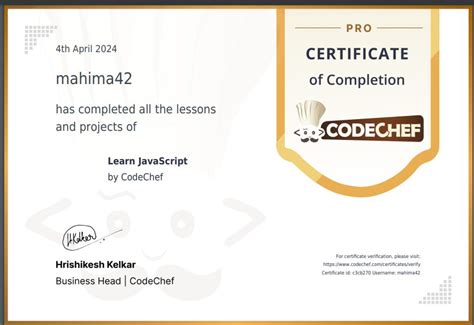 I Am Excited To Share My Javascript Certificate Of Completion From Codechef Mahima Awasthi