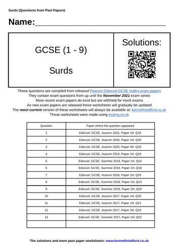 Surds Gcse Maths Past Paper Questions Teaching Resources