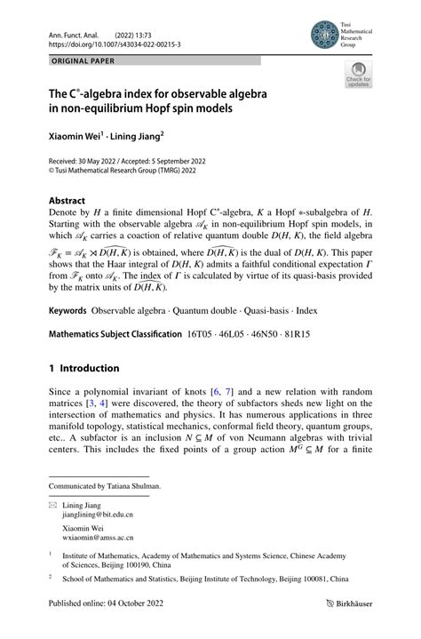 Pdf The Hbox {c} Algebra Index For Observable Algebra In Non Equilibrium Hopf Spin Models