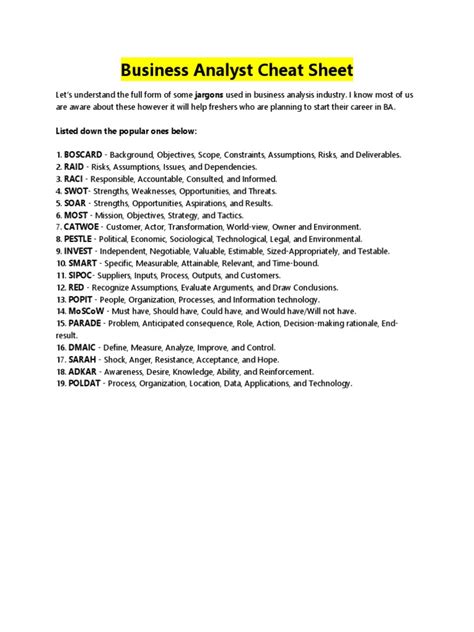 Business Analyst Cheat Sheet Pdf