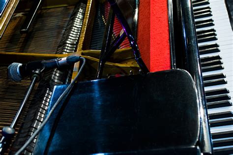 그랜드 피아노 두 번째 마이크는 전경에서 흐리게 위 마이크 녹음 Classical Concert에 대한 스톡 사진 및 기타 이미지 Classical Concert 가수