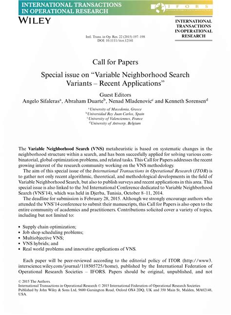 pdf special issue on variable neighborhood search variants recent