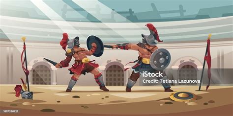 콜로세움의 검투사 경기장에서 고대 로마 전사 캐릭터 방패와 무기 싸움을 가진 만화 골동품 검투사 벡터 일러스트 레이 션 검투사에 대한 스톡 벡터 아트 및 기타 이미지