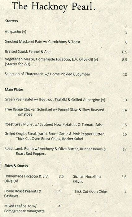 Menu At Pearl Hackney Wick Pub And Bar London East Wing Oslo House