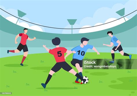 남자와 축구를 재생 축구 착용 스포츠 유니폼 등 발로 등 다양한 움직임 들고 방어 패리링과 필드에서 공격 벡터 일러스트레이션 경기 스포츠에 대한 스톡 벡터 아트 및 기타