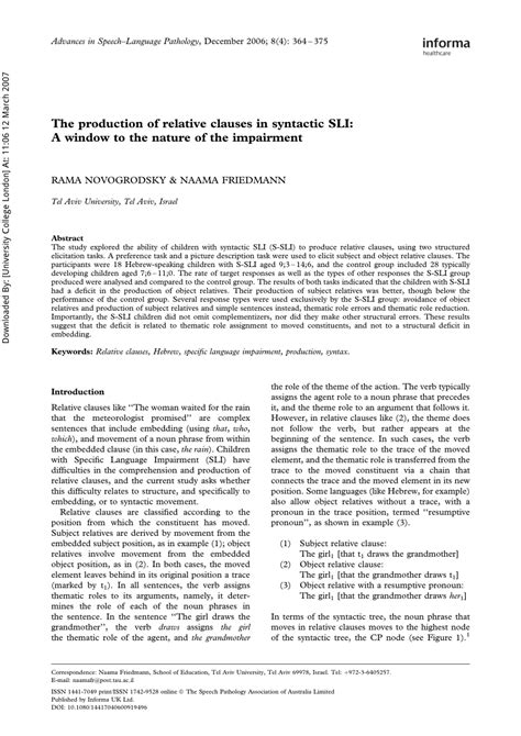 pdf the production of relative clauses in syntactic sli a window to