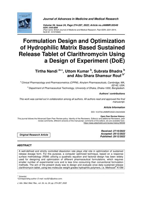 Pdf Formulation Design And Optimization Of Hydrophilic Matrix Based Sustained Release Tablet