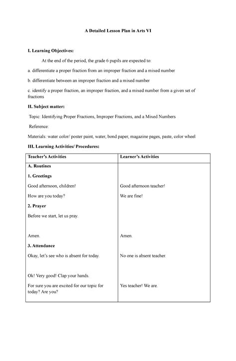 Fractions Lesson Plan N A A Detailed Lesson Plan In Arts Vi I