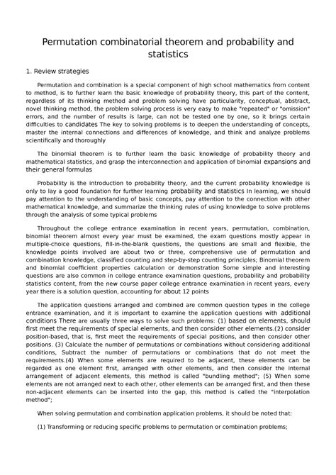 Permutation Combinatorial Theorem And Probability And Statistics