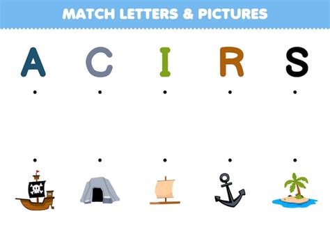 아이들을 위한 교육 게임은 귀여운 만화 선박 동굴 뗏목 닻 섬 인쇄 가능한 해적 워크시트의 글자와 그림을 일치시킵니다 프리미엄 벡터