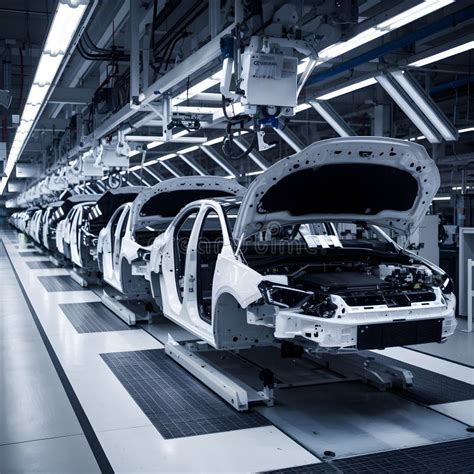 Assembly Line Shows Cars In Progress Organized Workspace With