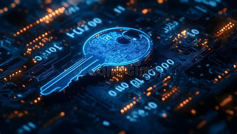 Digital Security Key With Circuit Pattern Blue Binary Background Stock