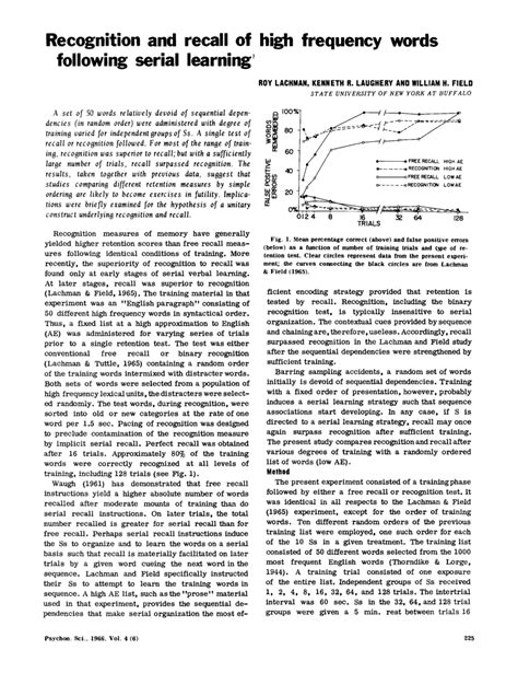 Pdf Recognition And Recall Of High Frequency Words Following Serial
