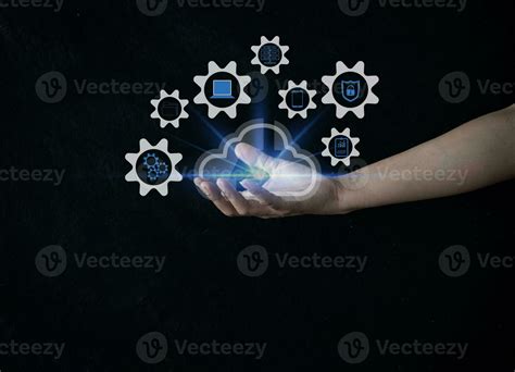 Woman Showing Virtual Screen With Cloud Computing Diagram Cloud Technology Data Storage