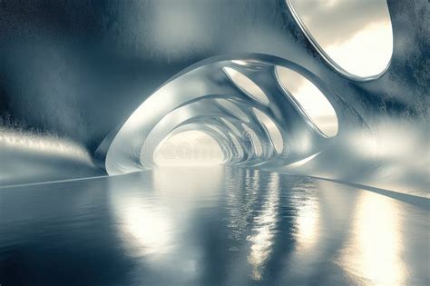 Futuristic Interior With Smooth Curves Reflective Surfaces And A Calming Water Feature Stock