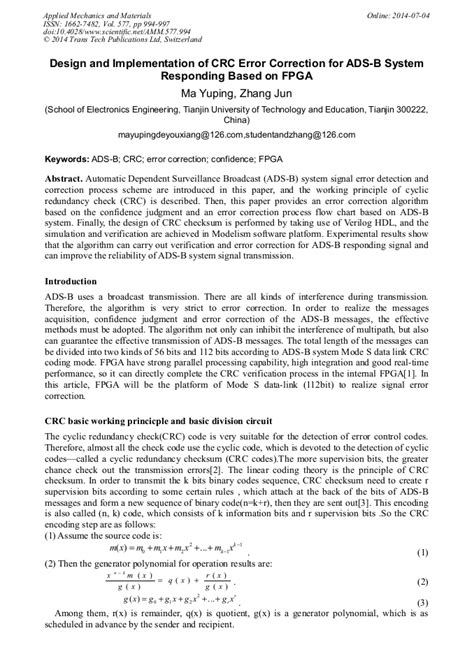 Design And Implementation Of Crc Error Correction For Ads B System Responding Based On Fpga