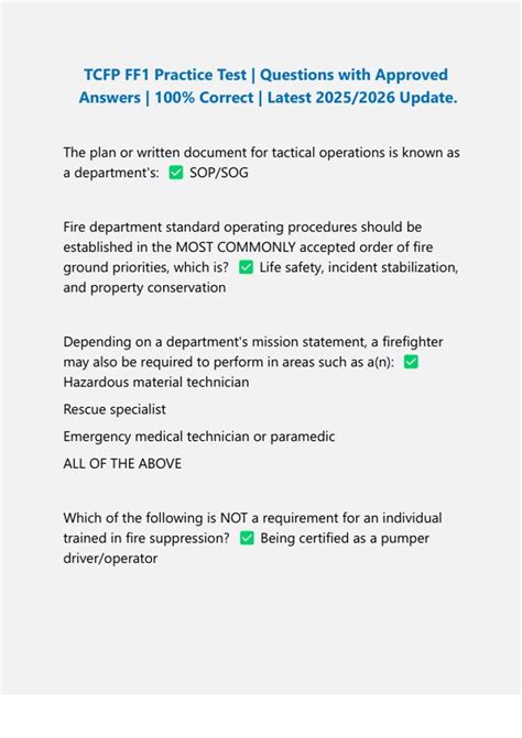 Tcfp Ff1 Practice Test Questions With Approved Answers 100 Correct Latest 2025 2026