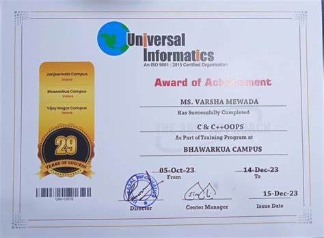 Earned C Object Oriented Programming Certificate Varsha Mewada