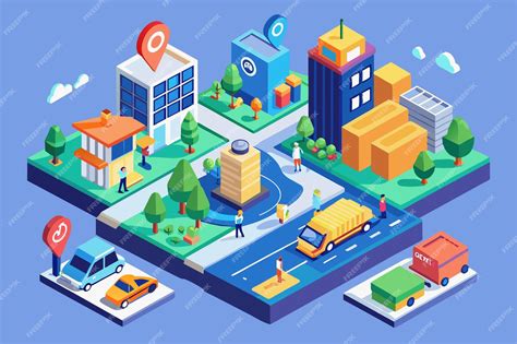 Explore A Vibrant Isometric City Model Showcasing Different Structures Vehicles And Greenery