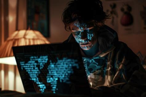 Hacker In A Dark Room Working On A Laptop At Night Premium AI Generated Image