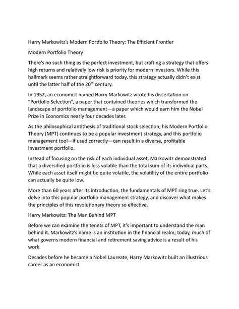 Harry Markowitzs Modern Portfolio Theory The Efficient Frontier